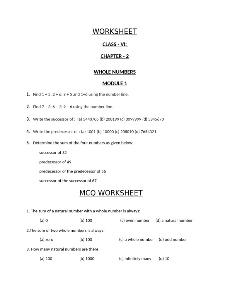 Vi-Maths-Whole Number - Mod1-Worksheet | PDF | Integer | Numbers