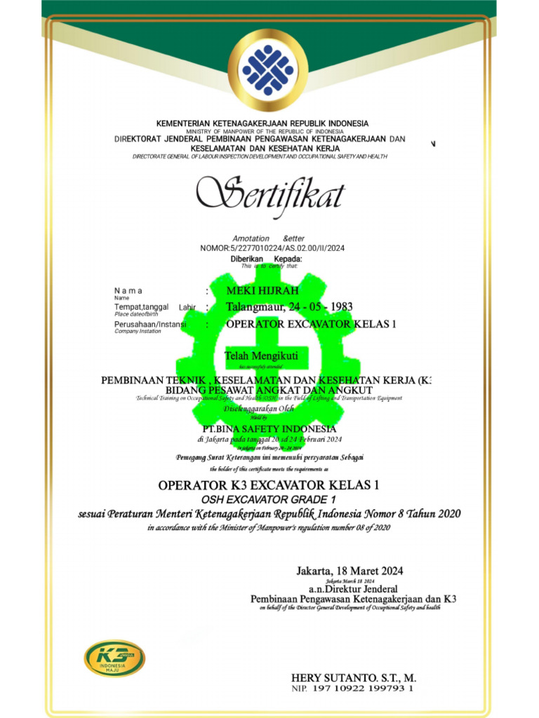 Penerbitan Sertifikat Sio Excavator Kelas 1. Meiki | PDF