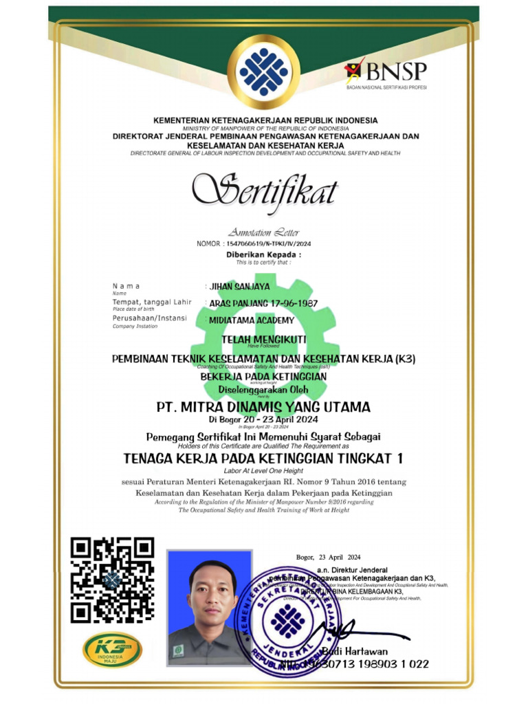SERTIFIKAT-K3-KETINGGIAN-JIHAN-SANJAYA | PDF
