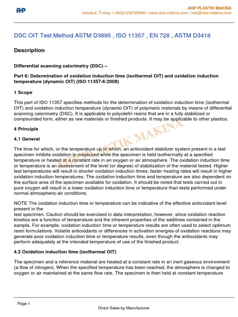 DSC OIT Test Method ASTM D3895, ISO 11357, EN 728, ASTM D3418 | PDF ...