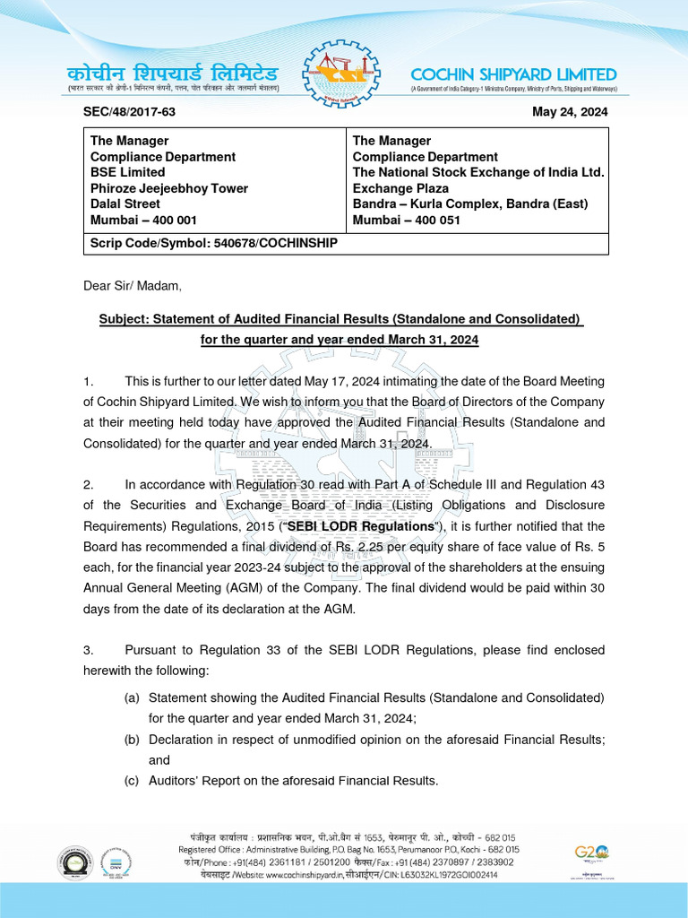 Cochin Shipyard | PDF | Going Concern | Expense