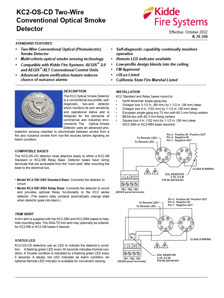 Kidde KC2-OS-CD Two-Wire Conventional Optical Smoke Detector | PDF | Relay | Sensor