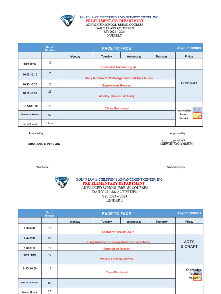 Asbc Daily-Class-Activities-Sy.-22-23 - Pre Elem | PDF