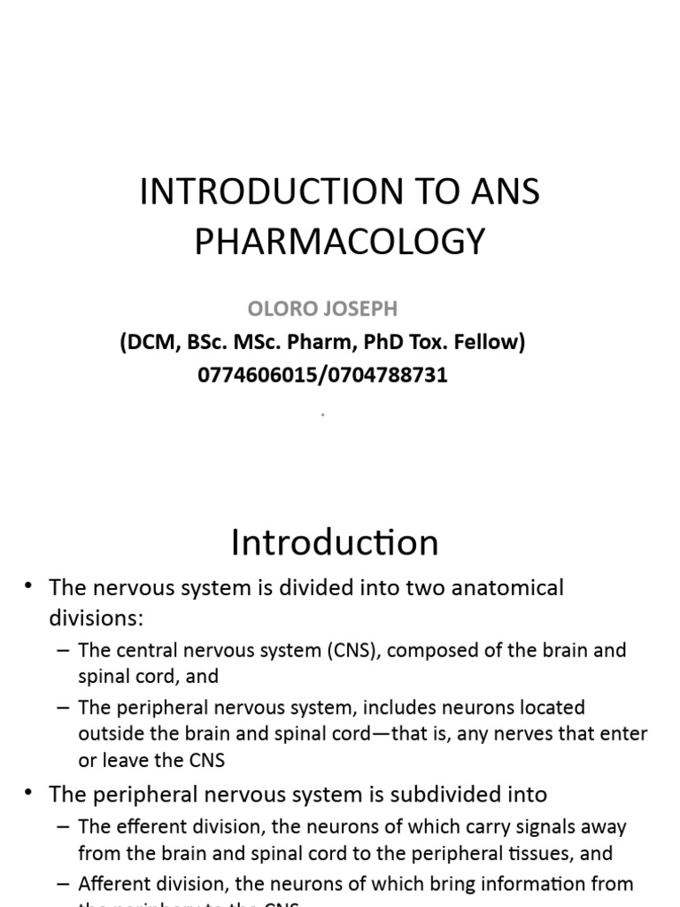 Introduction To Ans Pharmacology-1 | PDF | Nervous System | Norepinephrine