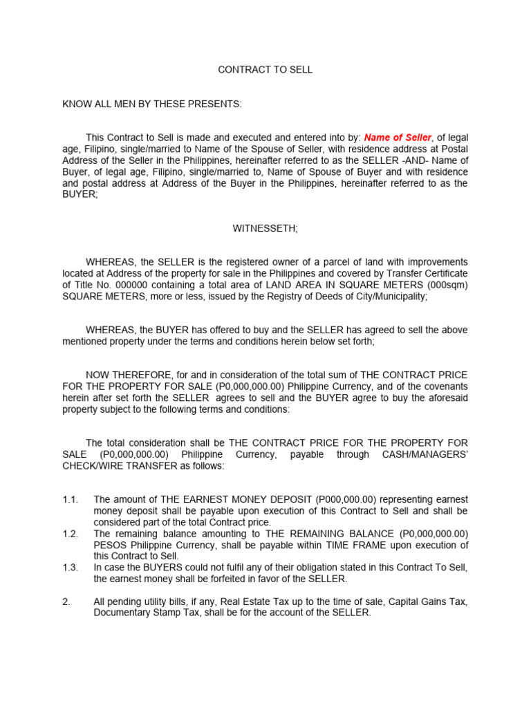 Sample - Contract To Sell | PDF | Title (Property) | Sales