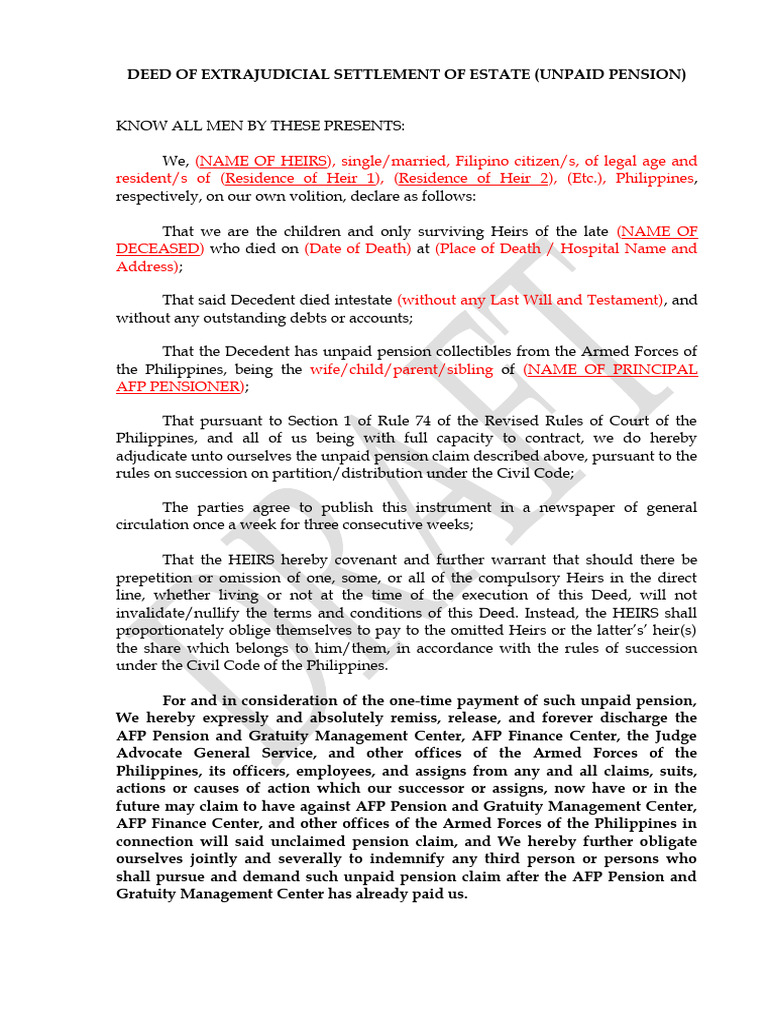 Sample of DEED OF EXTRAJUDICIAL SETTLEMENT OF ESTATE | PDF ...