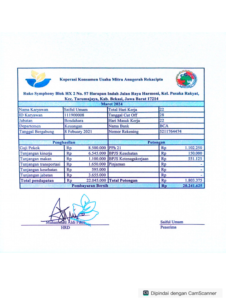 Slip Gaji Bulan Maret 2024 - Saiful Umam - Koperasi UMAR | PDF