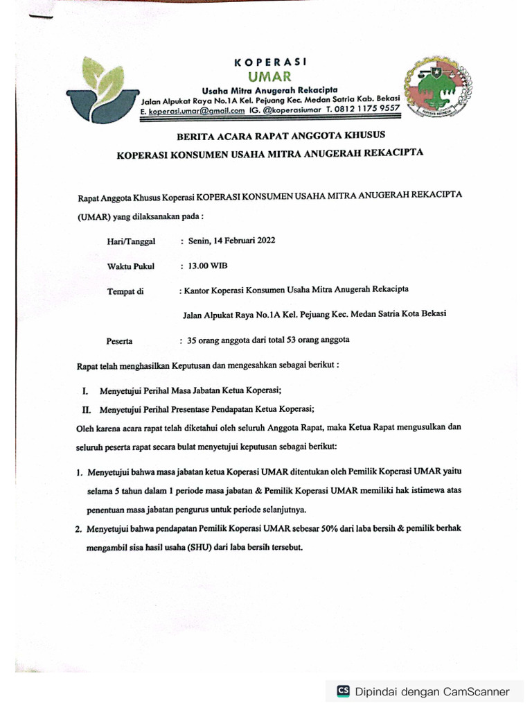 Rapat Anggota Khusus Koperasi Usaha Mitra Anugerah Rekacipta | PDF