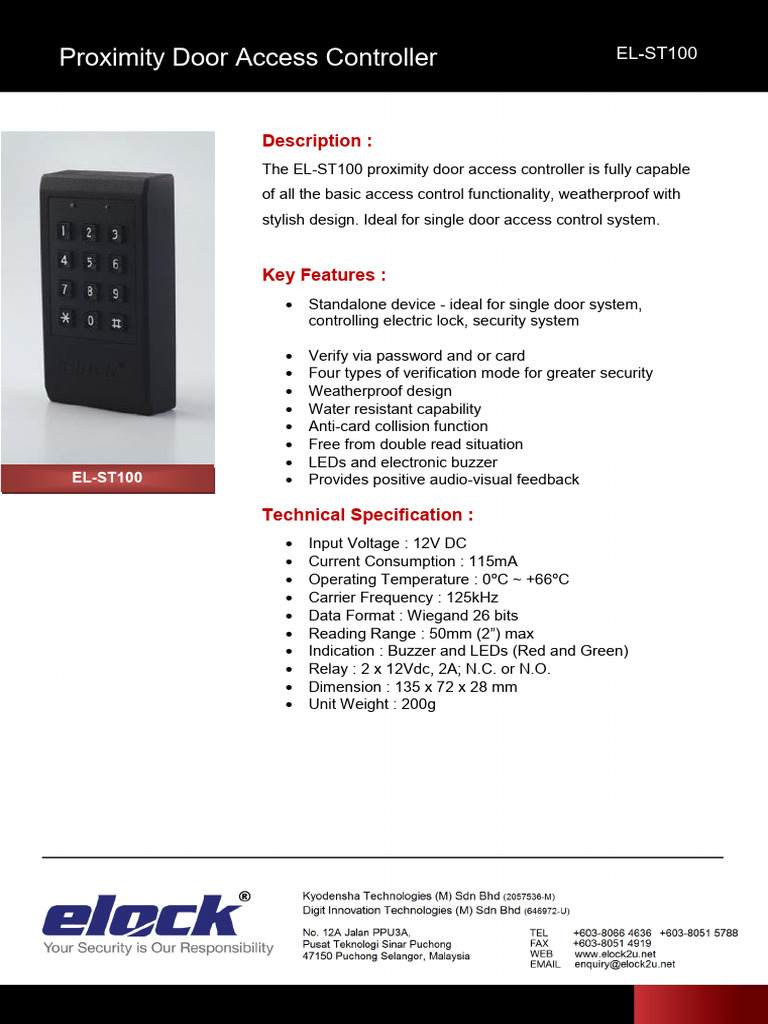 Proximity Door Access Controller EL ST100 Spec 221123 | PDF