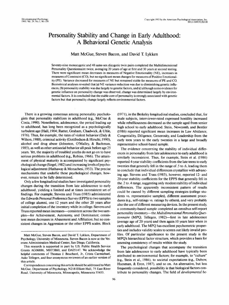Personality_McGue01 | PDF | Heritability | Analysis Of Variance