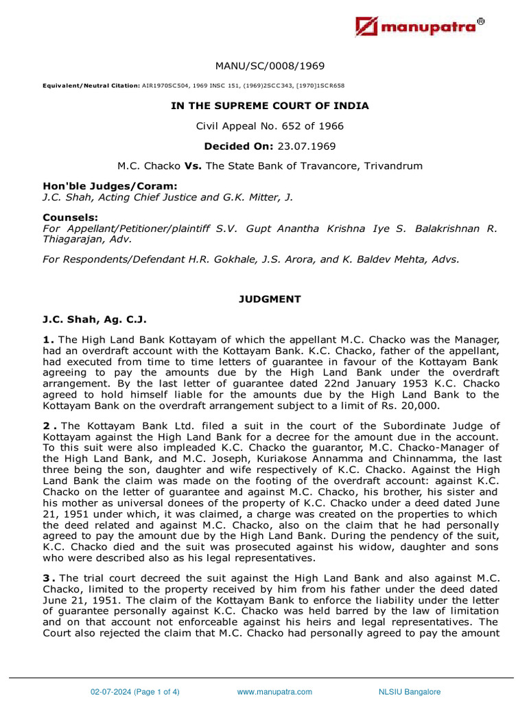 MC Chacko Vs The State - Bank - of - Travancore - Trivandrs690008COM601471 | PDF | Guarantee ...