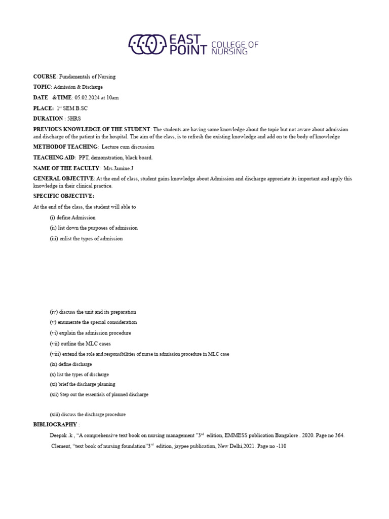 Course Plan Fon Admission | PDF | Injection (Medicine) | Patient