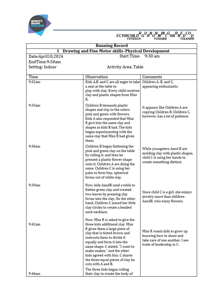 Running Record: 4-Year-Old Observations | PDF | Toys