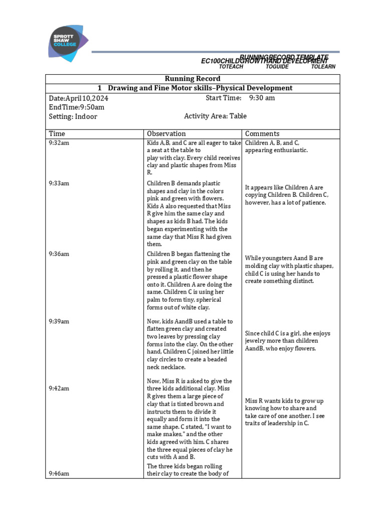 Running Record - Observation | PDF | Toys
