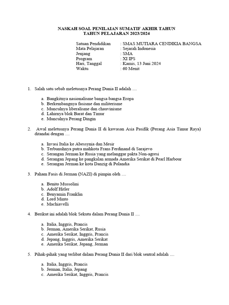 Soal Psat Sejarah Minat Kelas Xi 2024 | PDF | Politik