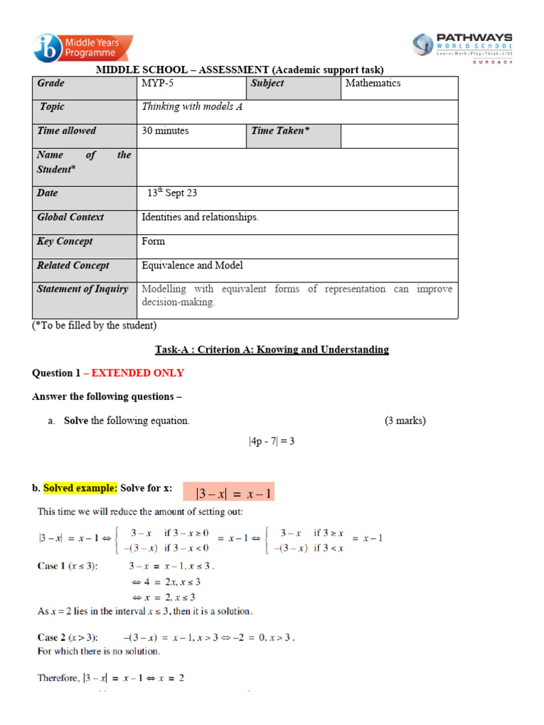 MYP-5 Math Assessment Task | PDF | Equations
