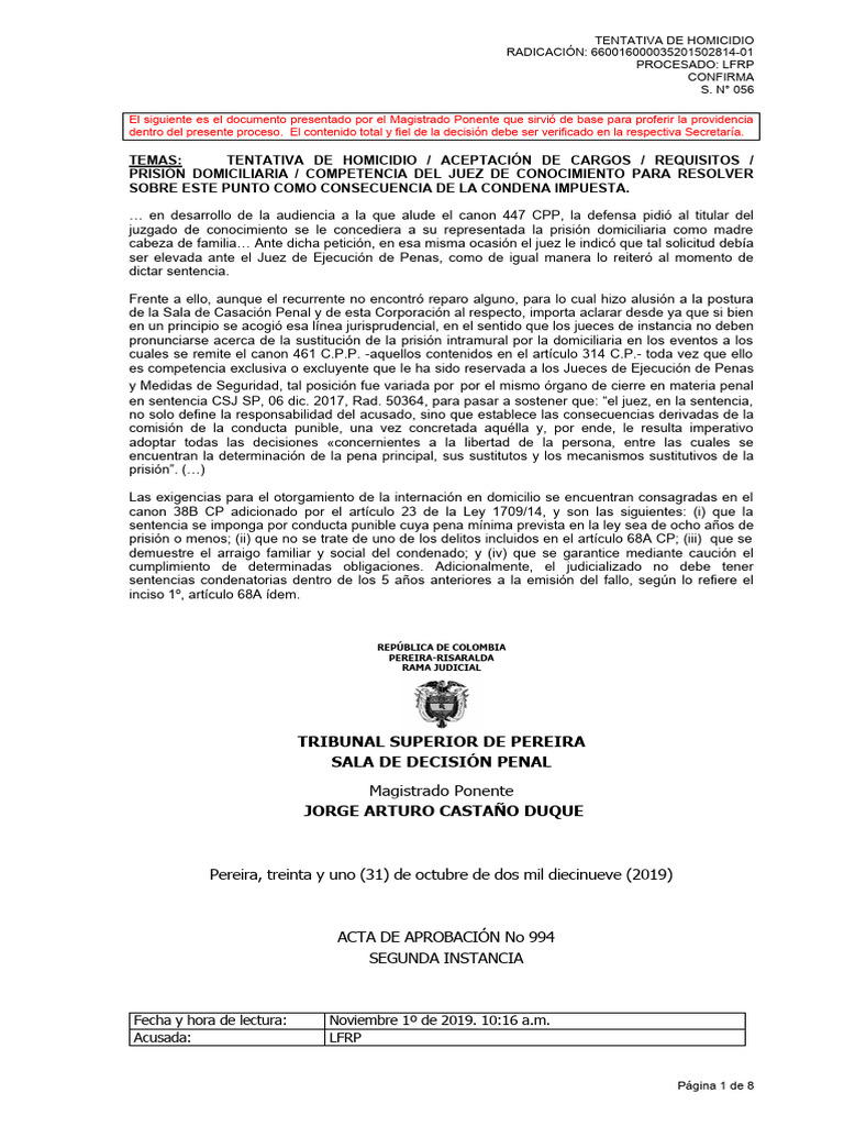 Tentativa de Homicidio y Prisión Domiciliaria | PDF | Sentencia (ley) | Castigos