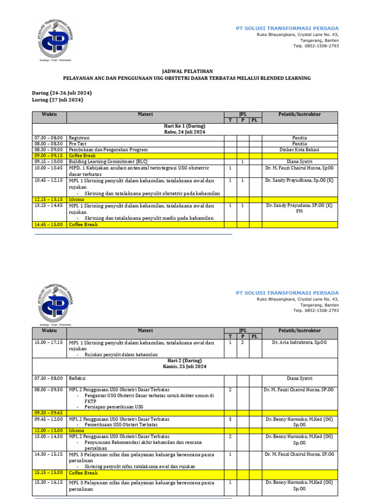 Jadwal Pelatihan ANC Dan USG Dasar Angkatan 3 - Juli 2024 | PDF