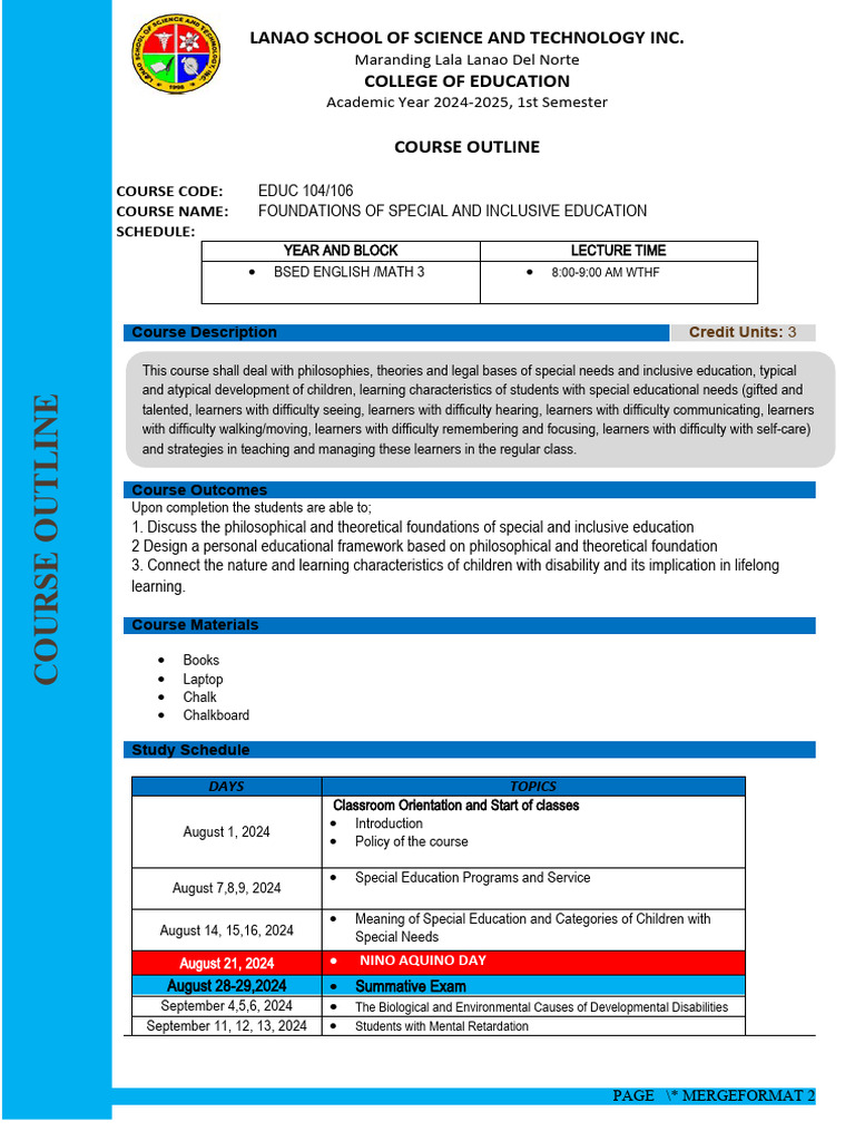 Course-Outline EDUC 104 AND 106 FOUNDTION OF SPECIAL AND INCLUSIVE EDUCATION | PDF | Inclusion ...