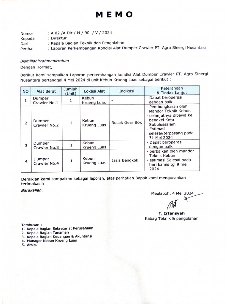 Lap. Perkembangan Kondisi alat Dumper Crawler PT.ASN | PDF