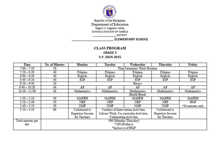 Class Program Grade 2 SY 2024 2025 | PDF
