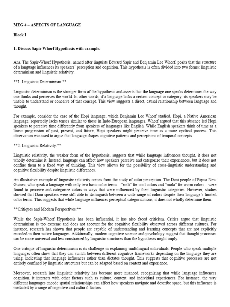 Meg 04 - Block 01 - Aspects of Language | PDF | Linguistics | English ...