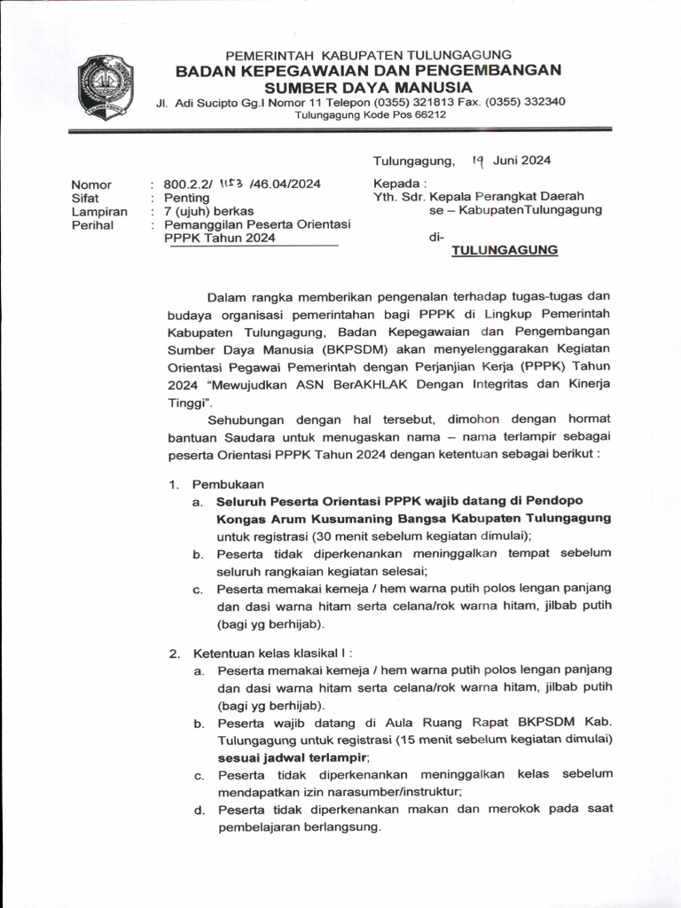 Pemanggilan Peserta Orientasi PPPK Tahun 2024 | PDF