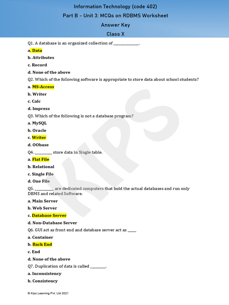Unit3 - MCQ-RDBMS - Worksheet - MCQsAnsKey - X402-Part B | PDF | Relational Database | Databases