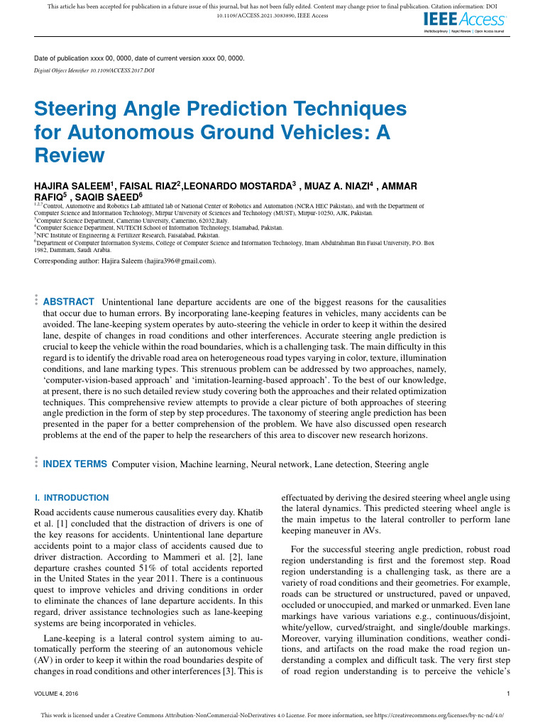 Steering Angle Prediction Techniques For Autonomou | PDF | Computer Vision | Prediction