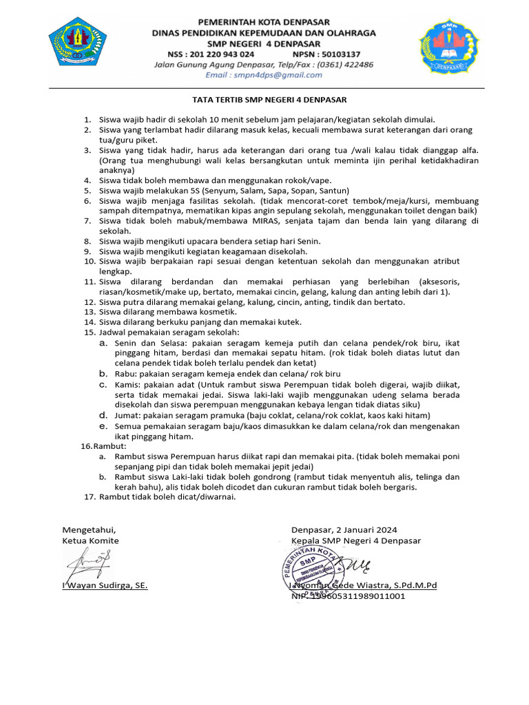 Tatib Sekolah Dan Kelas SMP Negeri 4 Denpasar (New) | PDF
