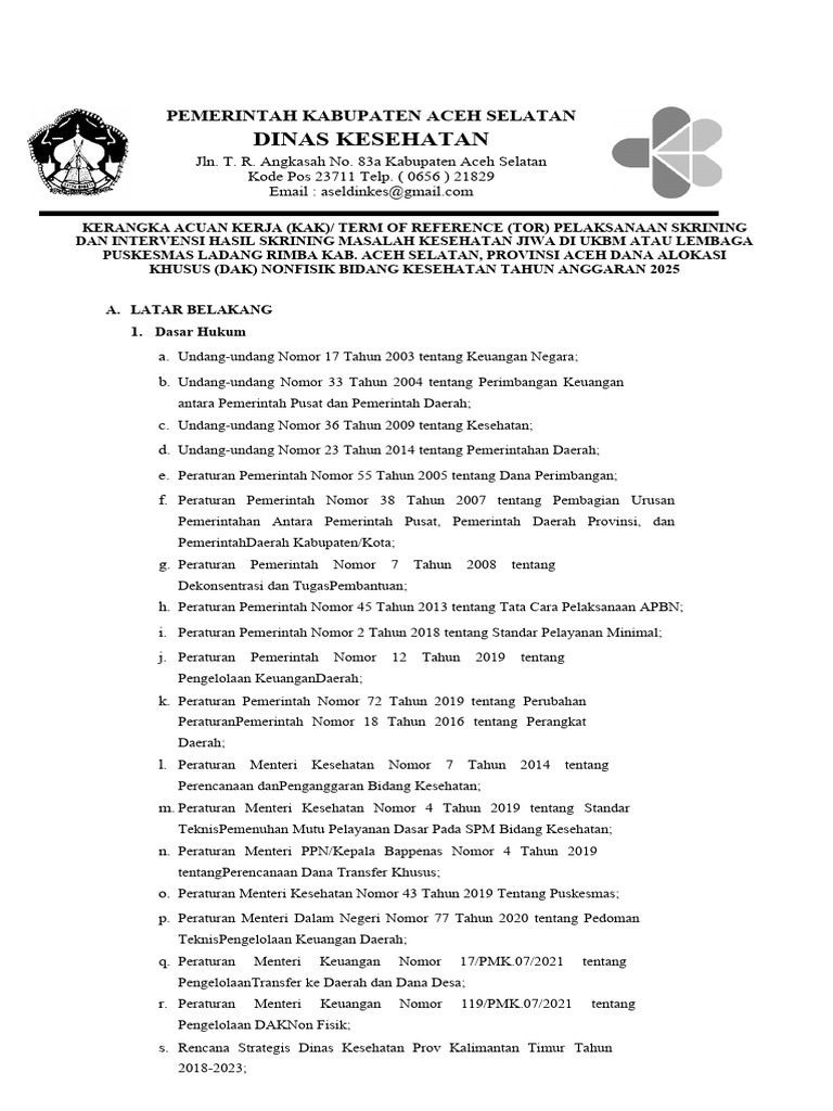TOR Pelaksanaan Skrining Dan Intervensi Hasil Skrining Masalah Kesehatan Jiwa Di UKBM Lembaga | PDF