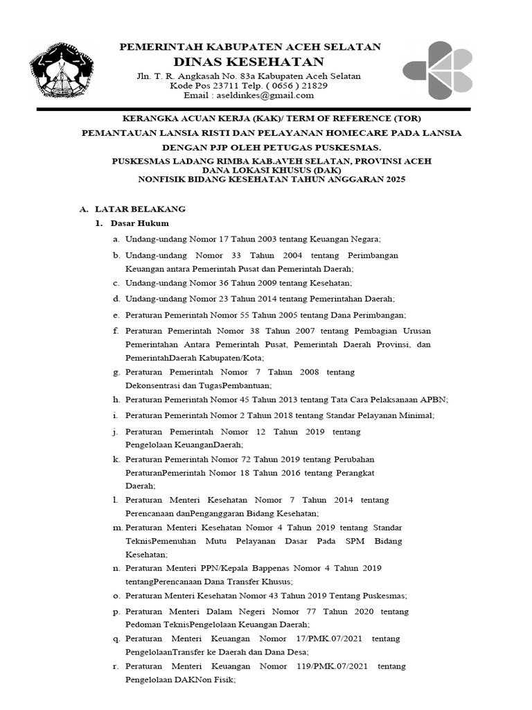 TOR Pemantauan Lansia Risti Dan Pelayanan Homecare Pada Lansia Dengan PJP Oleh Petugas Puskesmas ...