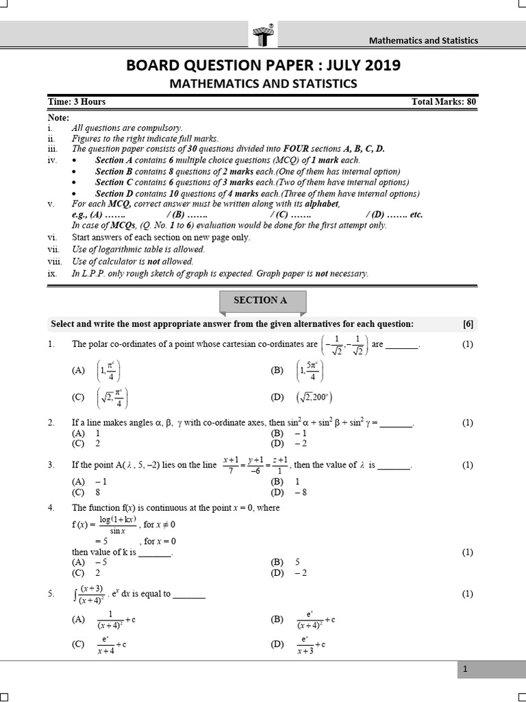HSC Mathematics Question Paper 2019 | PDF | Multiple Choice | Euclidean ...
