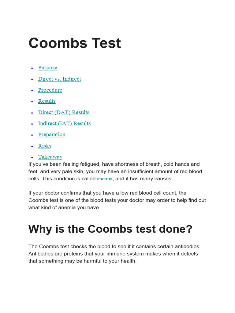 Coombs Test and Hemolytic Anemia | PDF | Anemia | Blood Type
