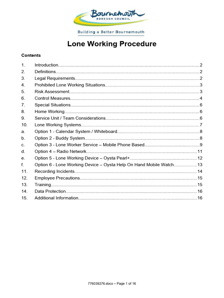 Lone Working Procedure Bournemouth | PDF | Risk Assessment | Risk