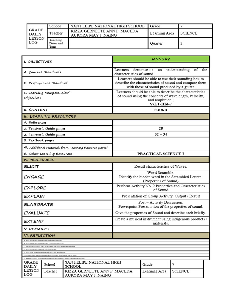 DLL - Grade7 - Third Sound | PDF | Learning | Sound