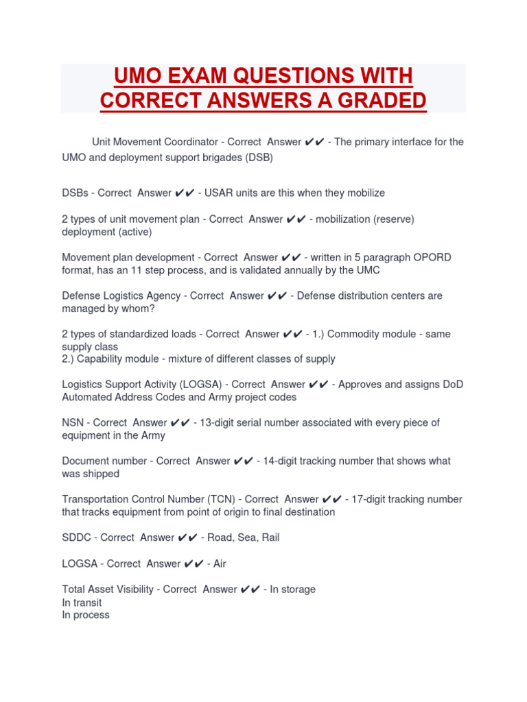 Umo Exam Questions With Correct Answers A Graded | PDF | Cargo | Logistics