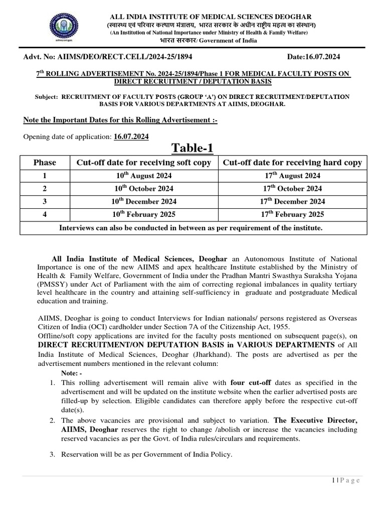 AIIMS Deoghar Faculty Recruitment 2024-25 | PDF | Doctor Of Medicine | Academic Degree