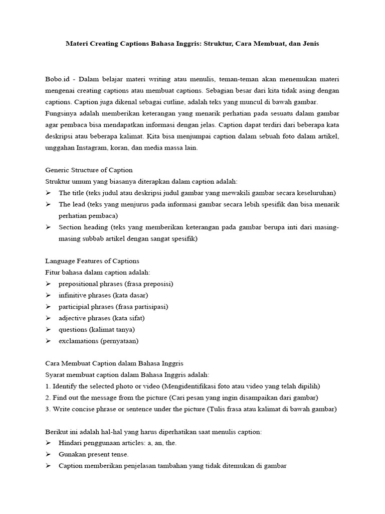 Materi Creating Captions Bahasa Inggris | PDF | Komputer