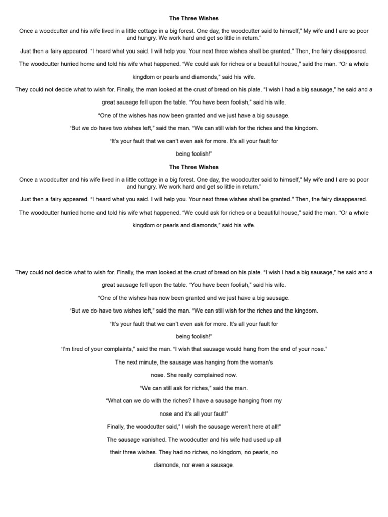 The Three Wishes | PDF | Fairy Tales