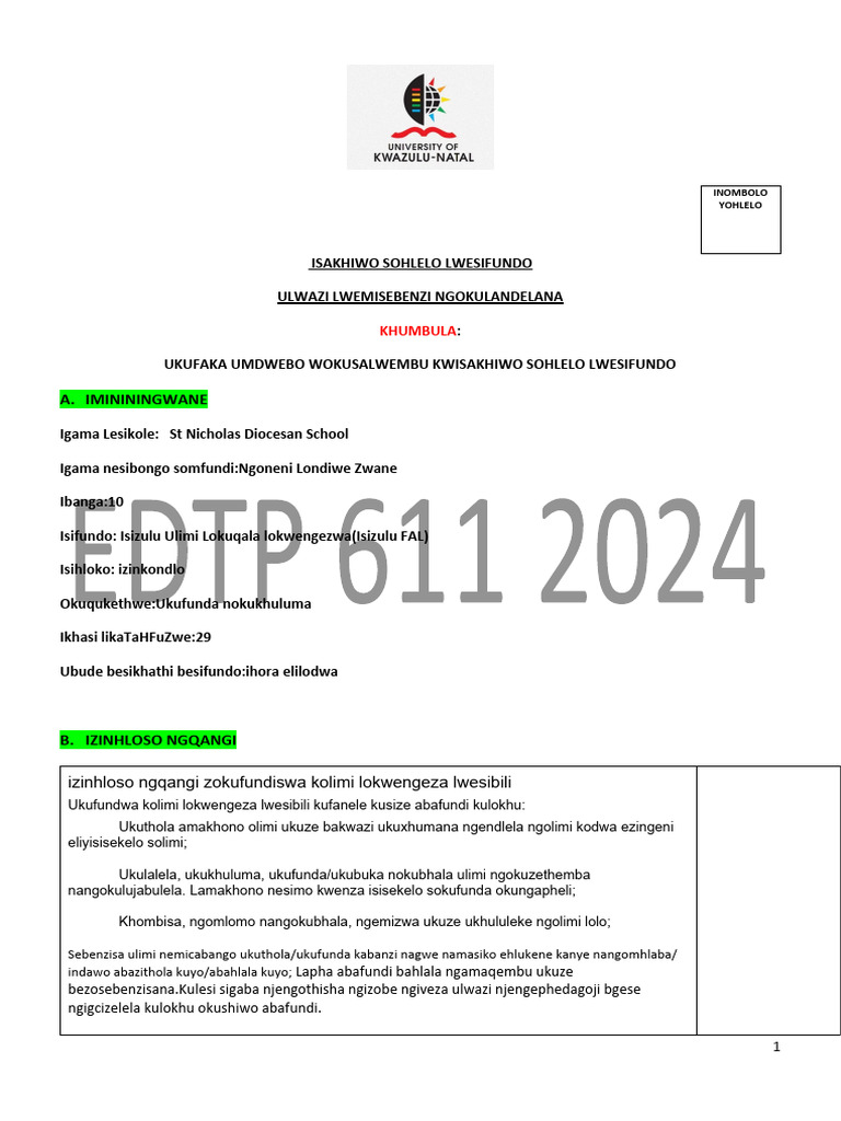 Lesson Plan Template Isizulu School Experience (1) Zulu8 | PDF