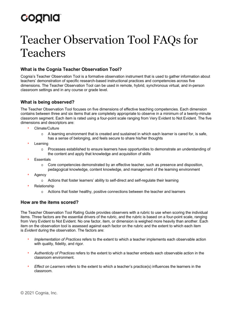 Teacher Observation Tool FAQs - Teachers | PDF | Teachers | Learning