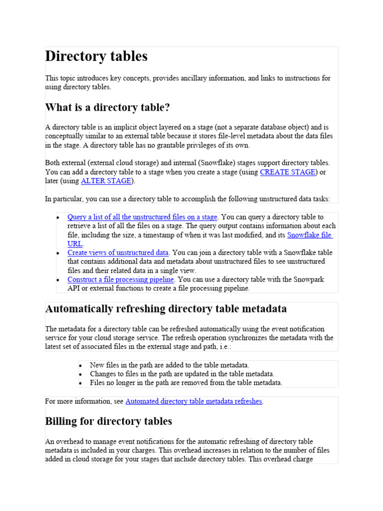 Directory Tables for Data Engineers | PDF | Metadata | Databases