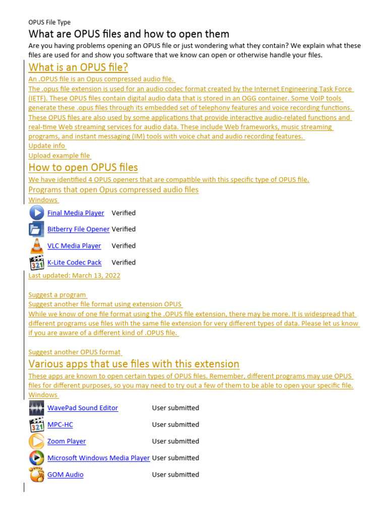 OPUS File Type | PDF | Computer File | Application Software