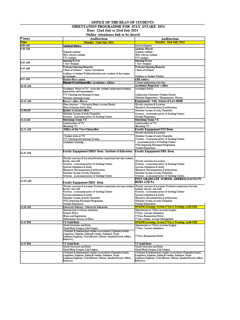 July Intake Orientation Agenda 2024 | PDF