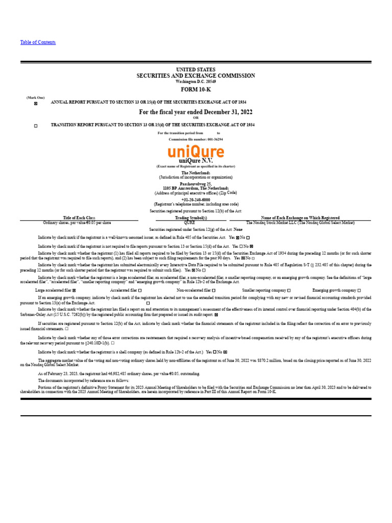 Uniqure NV Ars Form 10k 28apr23 | PDF | Form 10 K | Gene Therapy