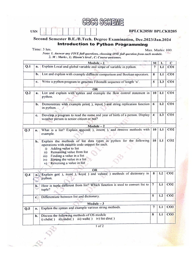 Python Question Papers | PDF