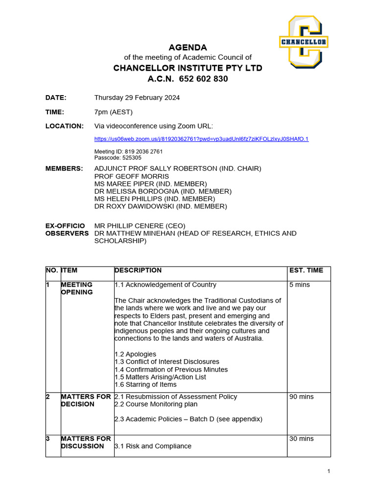 Academic Council Meeting Agenda | PDF