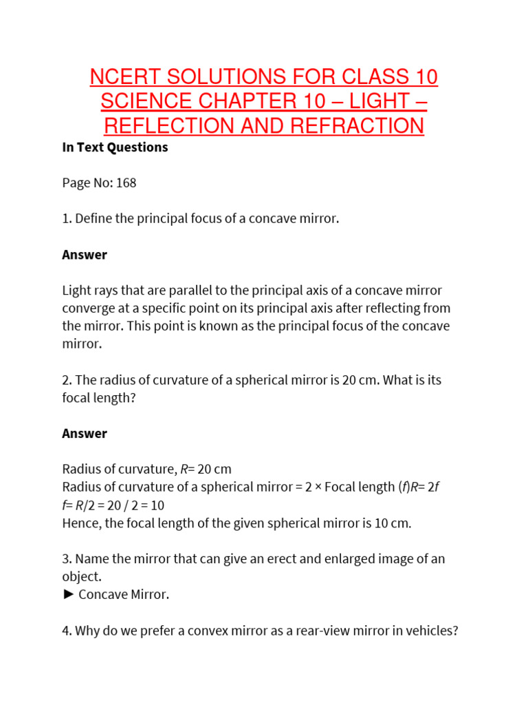 Class 10 Science: Light Reflection & Refraction Solutions | PDF ...