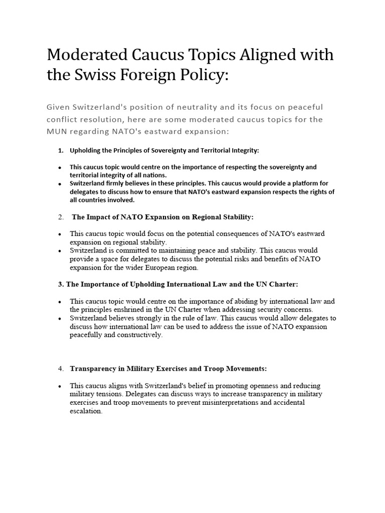 Moderated Caucus Topics Aligned With The Swiss Foreign Policy | PDF